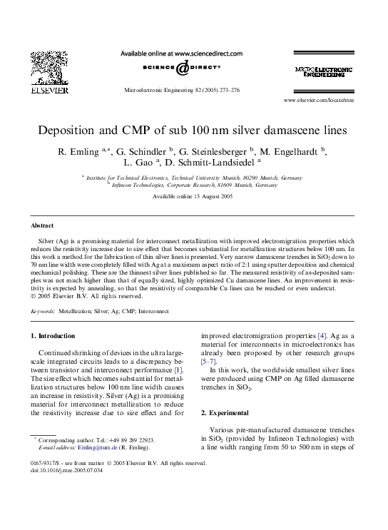(PDF) Deposition and CMP of sub 100nm silver damascene lines