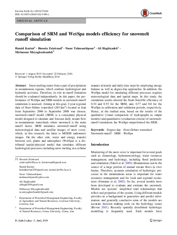 (PDF) Comparison of SRM and WetSpa models efficiency for snowmelt ...