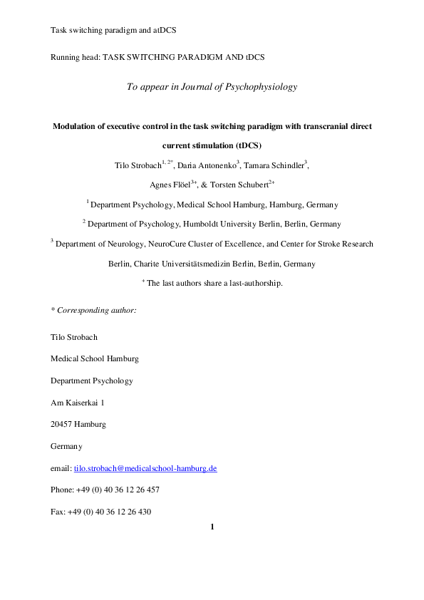 Pdf Modulation Of Executive Control In The Task Switching Paradigm With Transcranial Direct