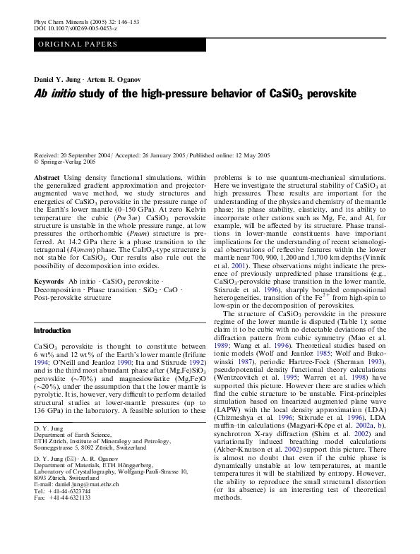 (PDF) Ab initio study of the high-pressure behavior of CaSiO3 perovskite