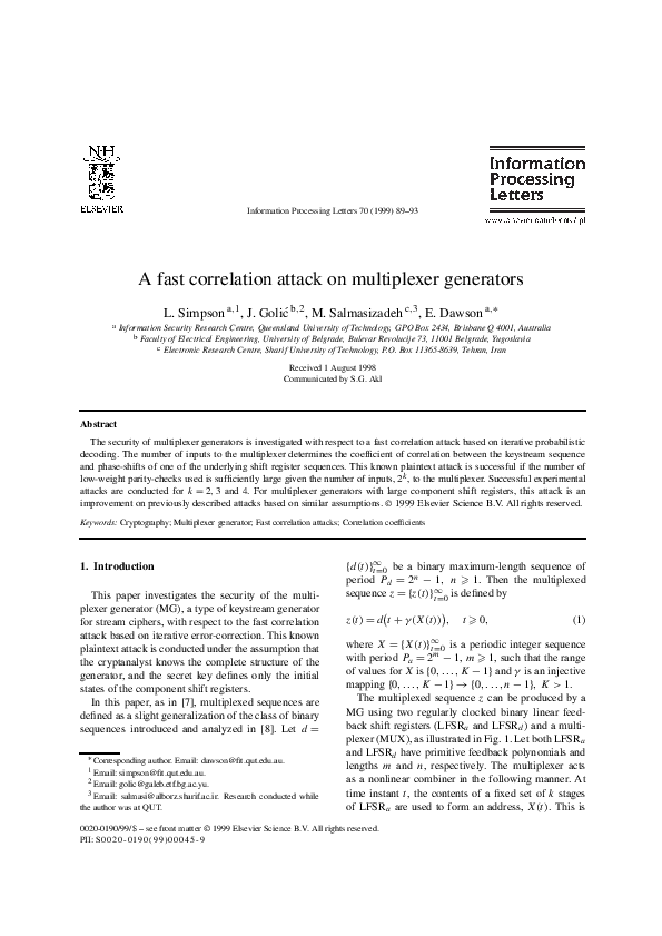 (PDF) A fast correlation attack on multiplexer generators