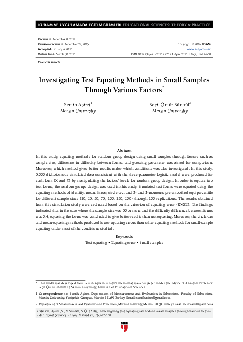 (PDF) Investigating Test Equating Methods in Small Samples Through ...