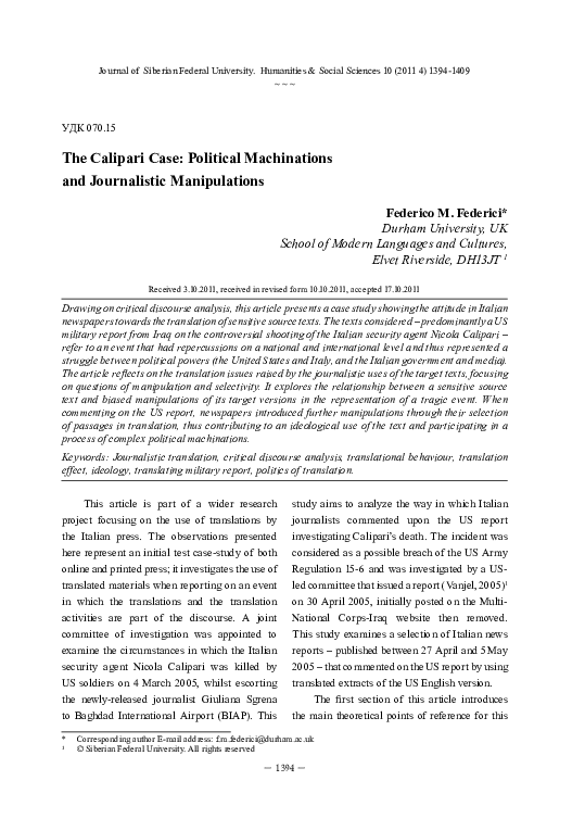 (PDF) The Calipari Case: Political Machinations and Journalistic ...