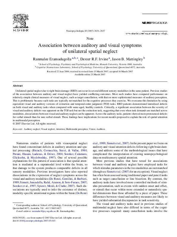 (PDF) Association between auditory and visual symptoms of unilateral spatial neglect