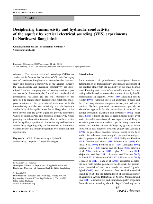 (PDF) Deciphering transmissivity and hydraulic conductivity of the ...