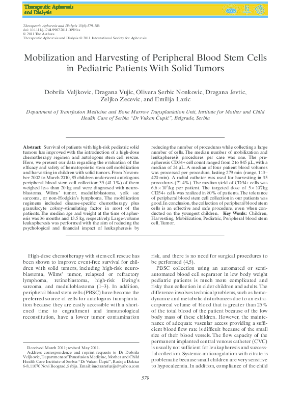 (PDF) Mobilization and Harvesting of Peripheral Blood Stem Cells in ...
