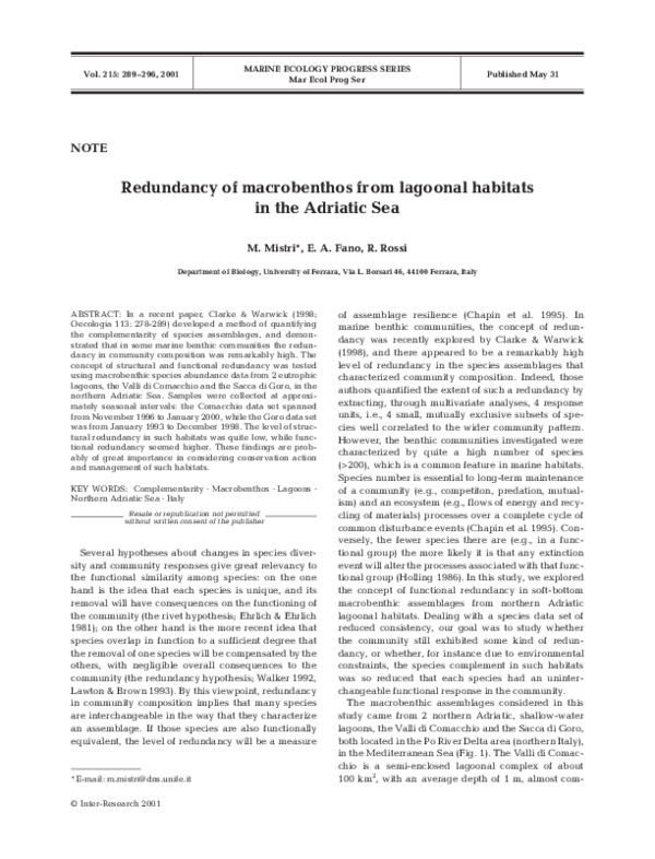 (PDF) Redundancy of macrobenthos from lagoonal habitats in the Adriatic Sea