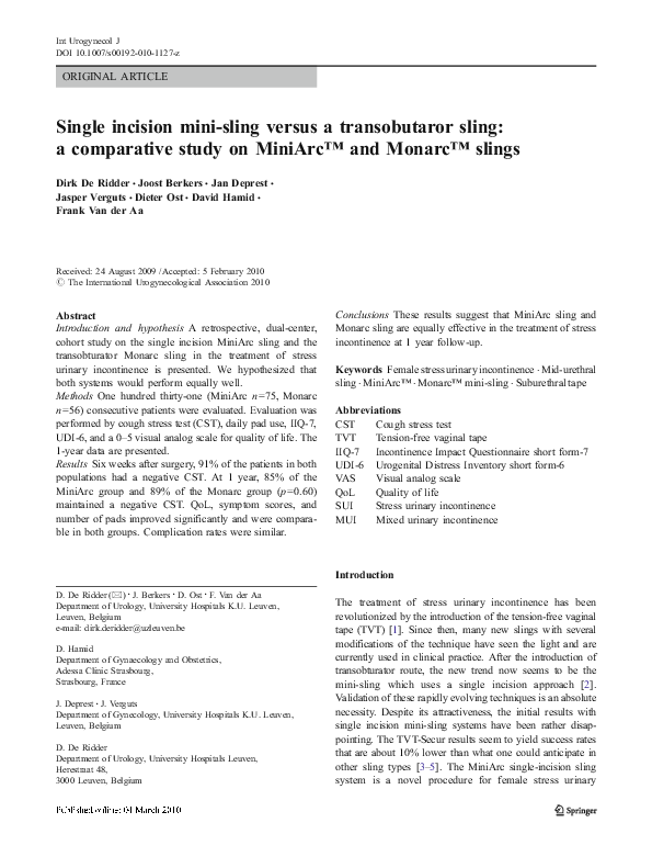 (PDF) Single incision mini-sling versus a transobutaror sling: a ...