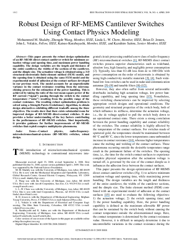 (PDF) Robust Design of RF-MEMS Cantilever Switches Using Contact Physics Modeling | Mohammed ...