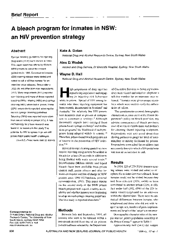 (PDF) A bleach program for inmates in NSW: an HIV prevention strategy