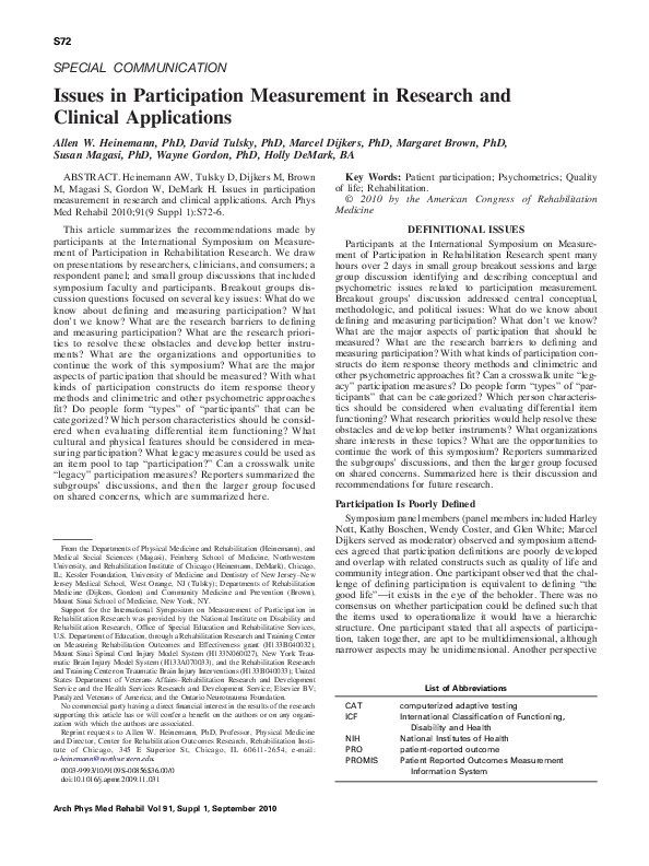 (PDF) Issues in Participation Measurement in Research and Clinical ...