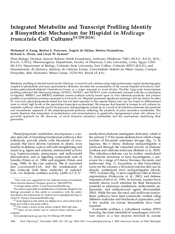 Pdf Integrated Metabolite And Transcript Profiling Identify A