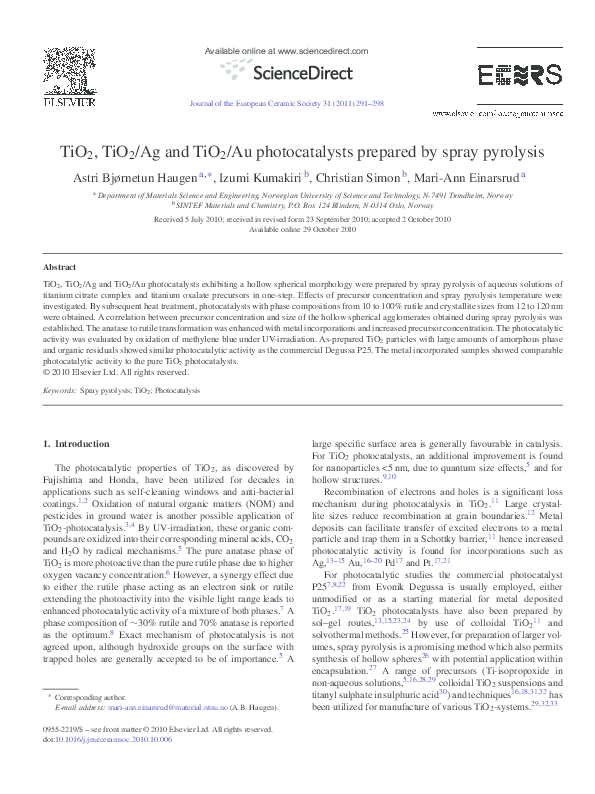 (PDF) TiO2, TiO2/Ag and TiO2/Au photocatalysts prepared by spray pyrolysis