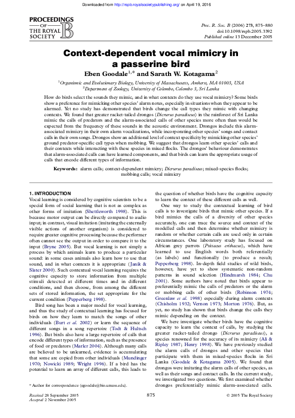 (PDF) Context-dependent vocal mimicry in a passerine bird