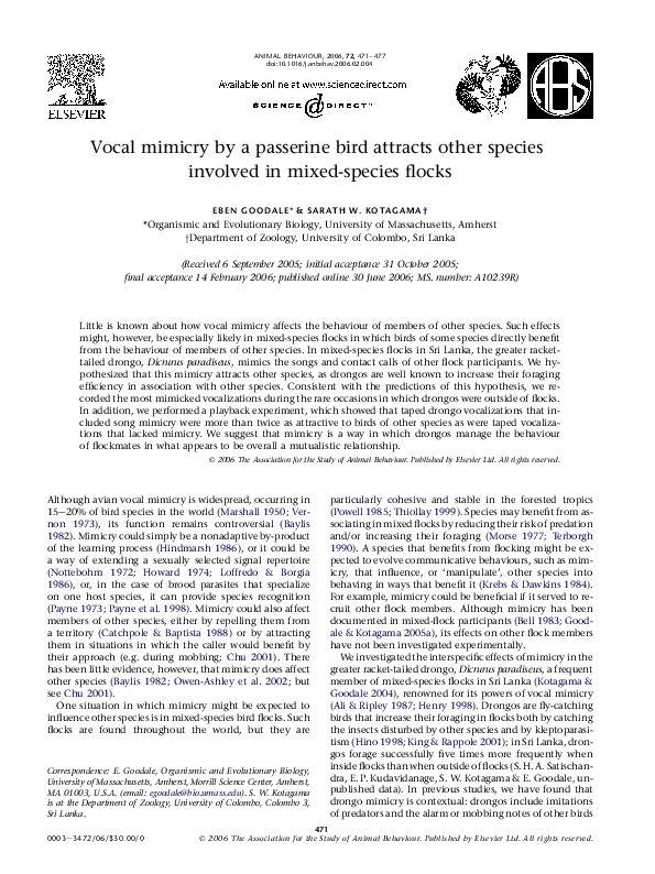 (PDF) Vocal mimicry by a passerine bird attracts other species involved ...