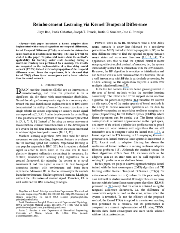 (PDF) Reinforcement learning via kernel temporal difference