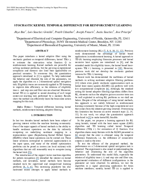(PDF) Stochastic kernel temporal difference for reinforcement learning