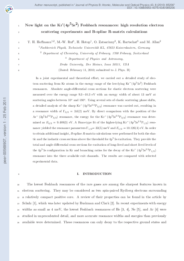 (PDF) New light on the Kr − (4p 5 5s 2 ) Feshbach resonances: high-resolution electron ...