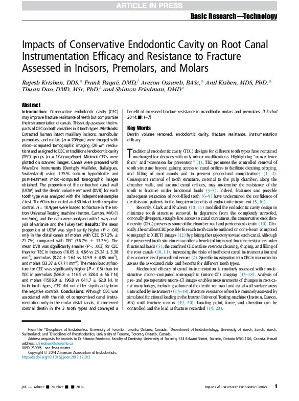 Pdf Impacts Of Conservative Endodontic Cavity On Root Canal Instrumentation Efficacy And