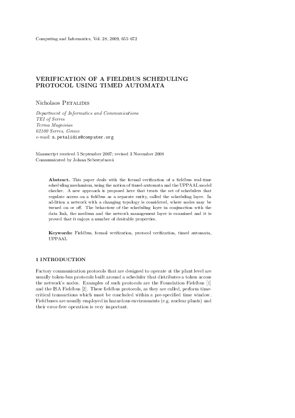 Pdf Verification Of A Fieldbus Scheduling Protocol Using Timed Automata