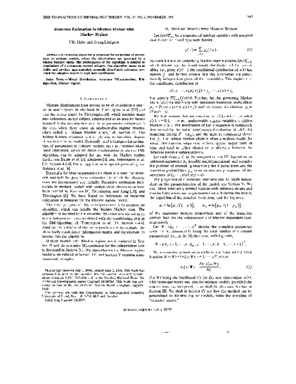 (PDF) Recursive estimation in mixture models with Markov regime
