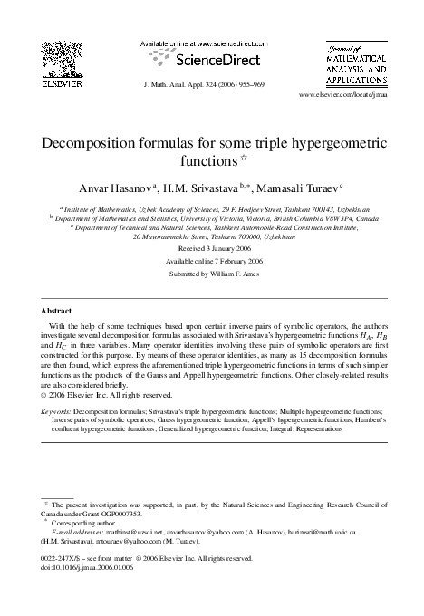 (PDF) Decomposition formulas for some triple hypergeometric functions