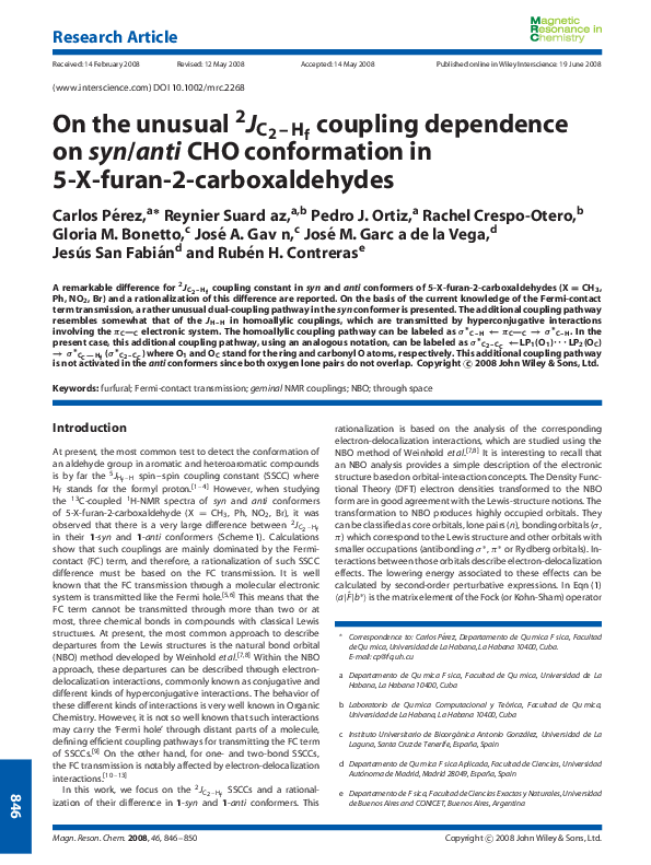 (PDF) On the unusual 2 J C 2 H f coupling dependence on syn / anti CHO ...