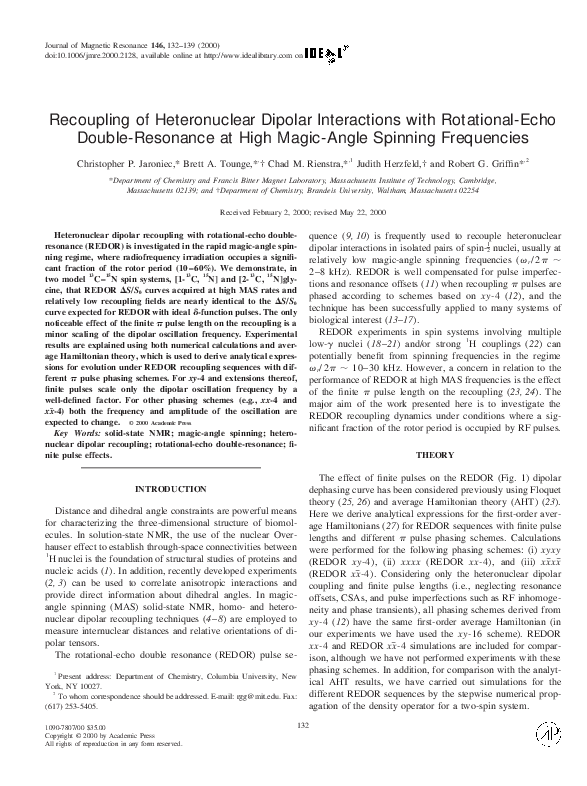 (PDF) Efficiency at high spinning frequencies of heteronuclear ...