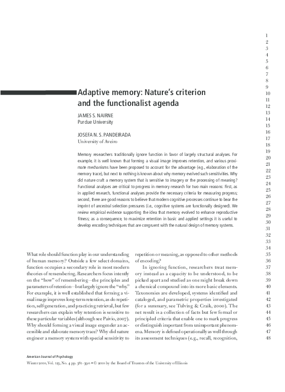 (PDF) Adaptive memory: Nature's criterion and the functionalist agenda