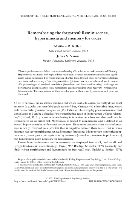 (PDF) Remembering the forgotten? Reminiscence, hypermnesia and memory ...