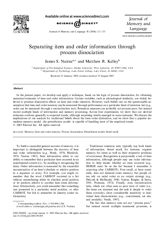 (PDF) Separating item and order information through process dissociation