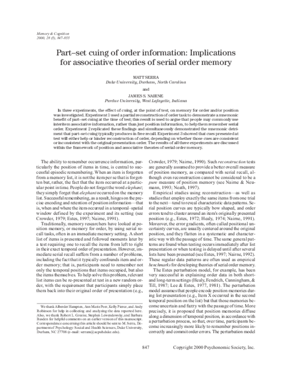 (PDF) Part—set cuing of order information: Implications for associative theories of serial order ...