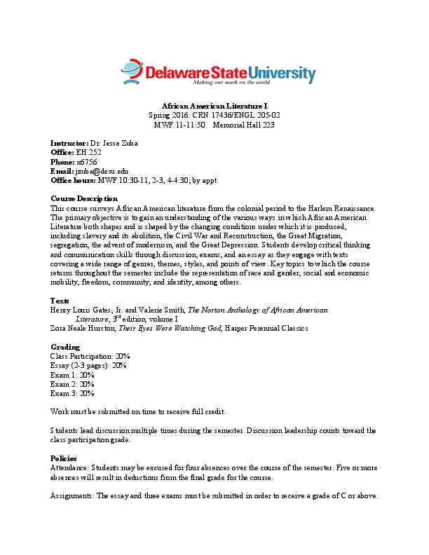 (PDF) Syllabus: African American Literature I