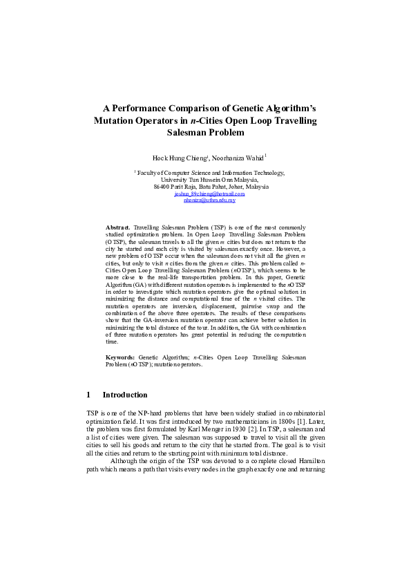 (PDF) A Performance Comparison of Genetic Algorithm's Mutation Operators in n-Cities Open Loop ...