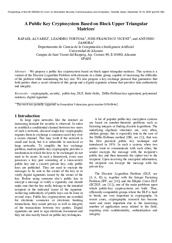 (PDF) A Public Key Cryptosystem Based on Block Upper Triangular Matrices