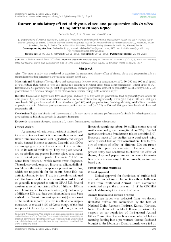 (PDF) Rumen modulatory effect of thyme, clove and peppermint oils in ...