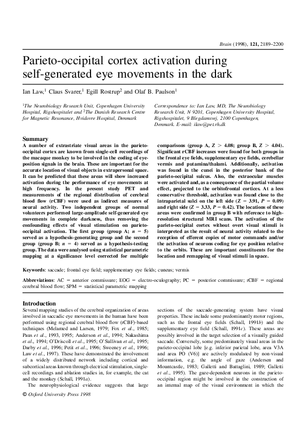 (PDF) Parieto-occipital cortex activation during self-generated eye movements in the dark