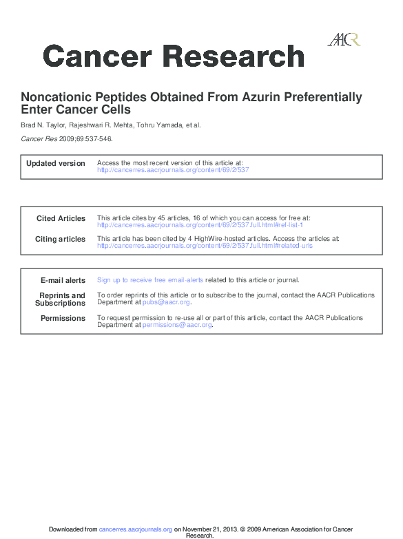 (PDF) Noncationic Peptides Obtained From Azurin Preferentially Enter ...