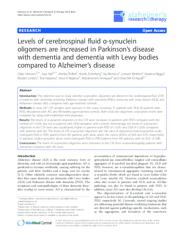 (PDF) Levels of cerebrospinal fluid α-synuclein oligomers are increased in Parkinson's disease ...