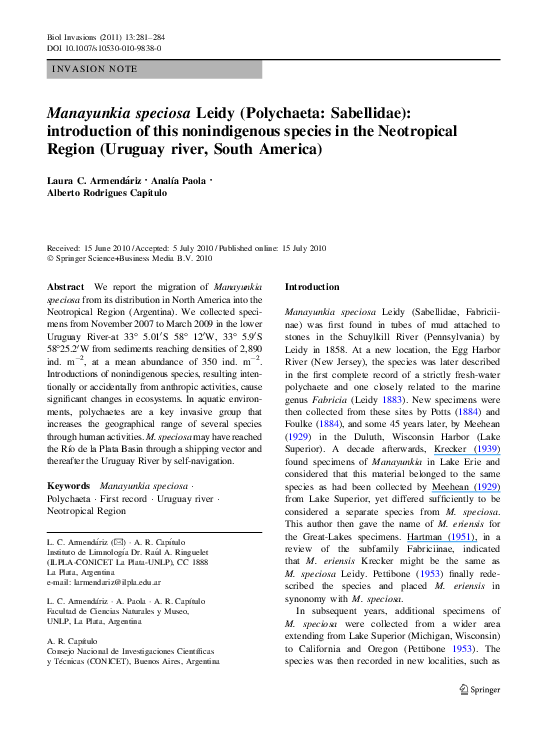 (PDF) Manayunkia speciosa Leidy (Polychaeta: Sabellidae): introduction ...