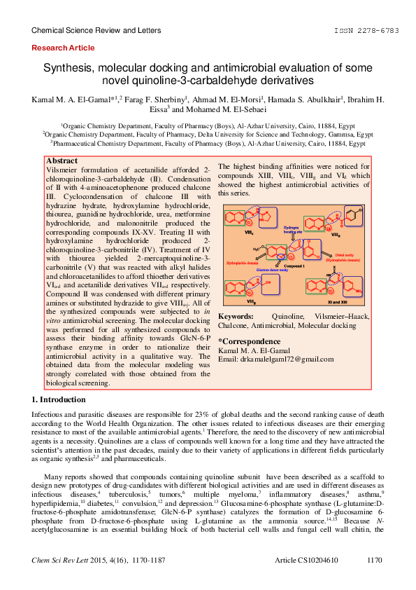 (PDF) Chemical Science Review and Letters Synthesis, molecular docking and antimicrobial ...