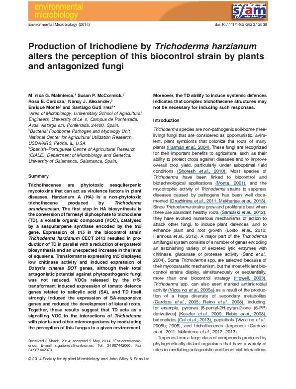 (PDF) Production of trichodiene by T richoderma harzianum alters the ...