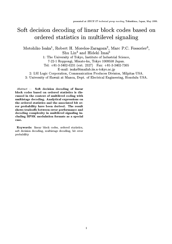 Pdf Soft Decision Decoding Of Linear Block Codes Based On Ordered Statistics For The Rayleigh