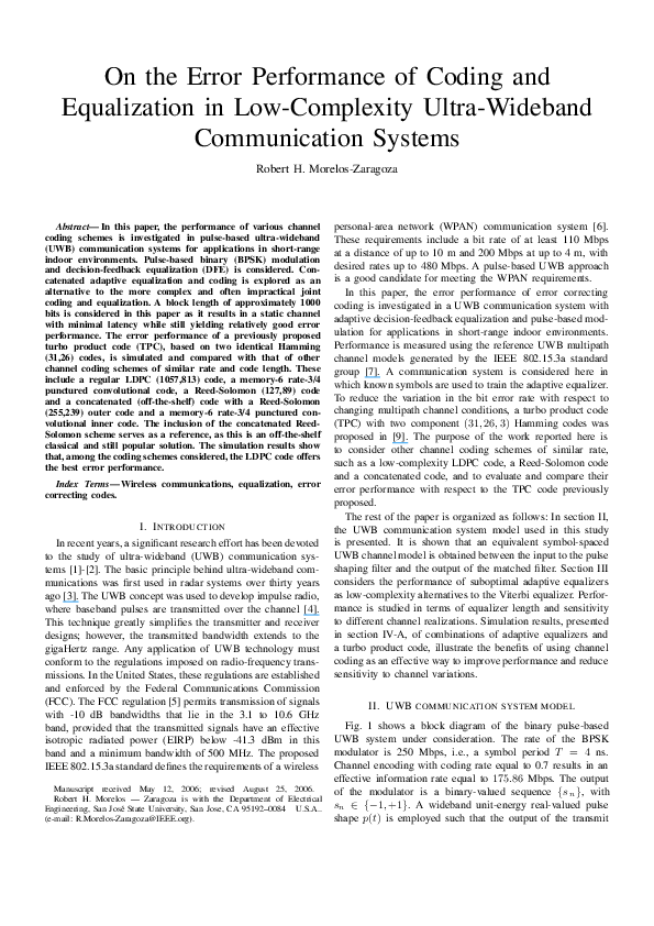 Pdf On The Error Performance Of Coding And Equalization In Low Complexity Ultra Wideband 3636