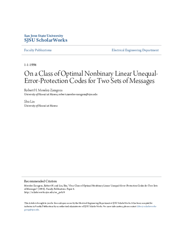 Pdf On A Class Of Optimal Nonbinary Linear Unequal Error Protection Codes For Two Sets Of
