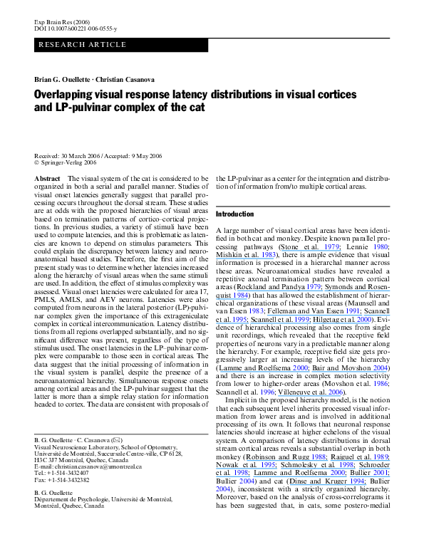(PDF) Overlapping visual response latency distributions in visual cortices and LP-pulvinar ...