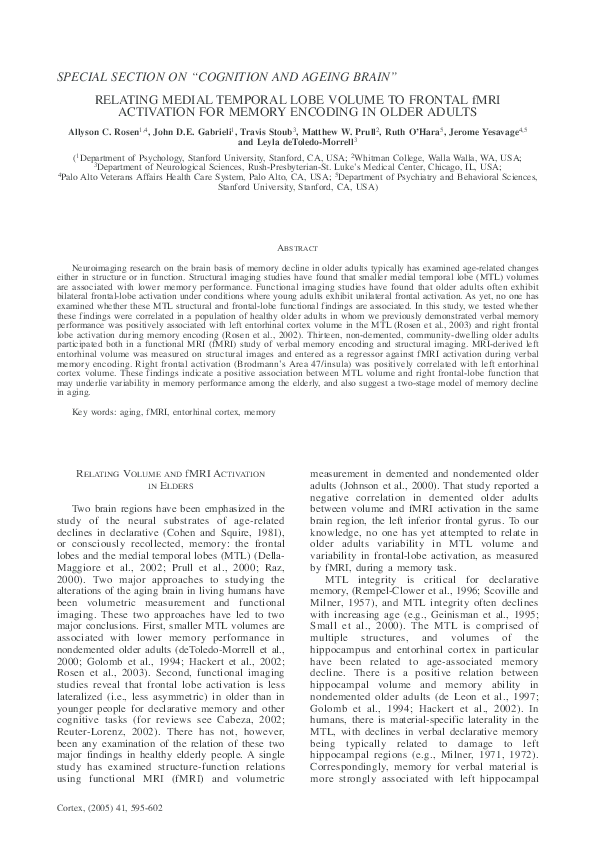 (PDF) Relating Medial Temporal Lobe Volume to Frontal fMRI Activation for Memory Encoding in ...