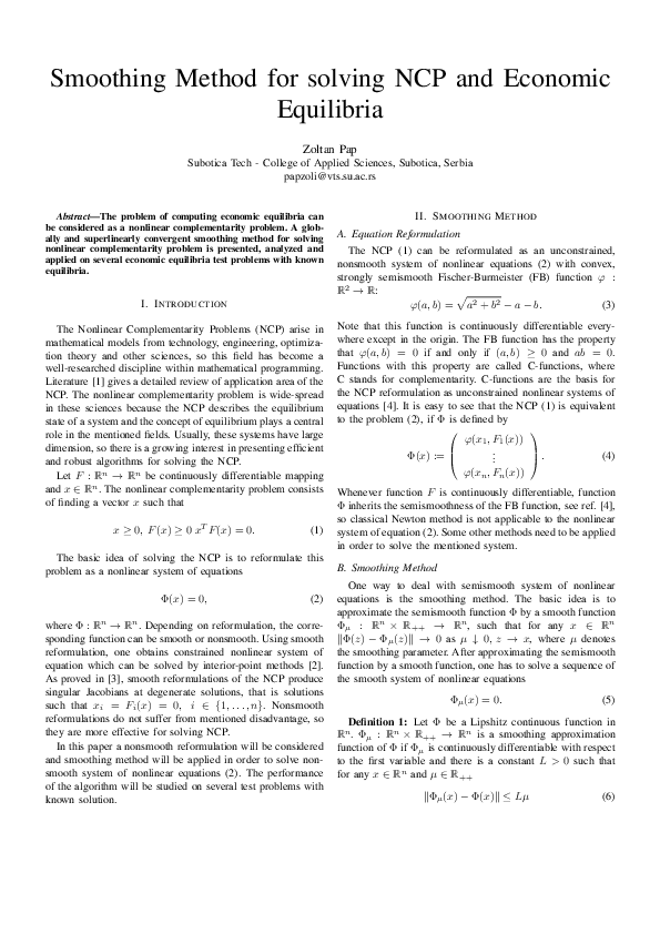 (PDF) Smoothing Method for solving NCP and Economic Equilibria