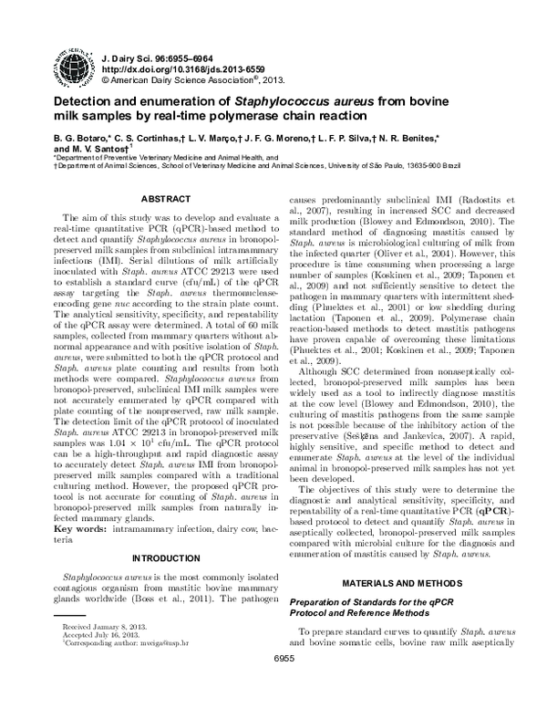 Pdf Detection And Enumeration Of Staphylococcus Aureus From Bovine Milk Samples By Real Time