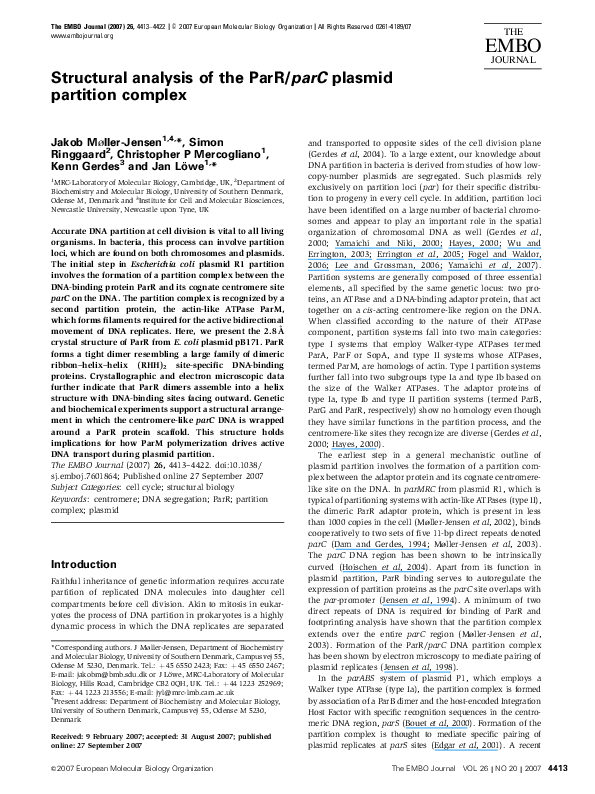 (PDF) Structural analysis of the ParR/parC plasmid partition complex